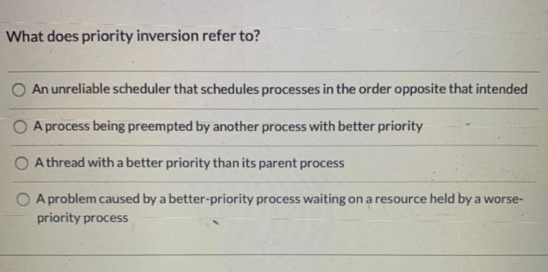 Solved What does priority inversion refer to? An unreliable | Chegg.com
