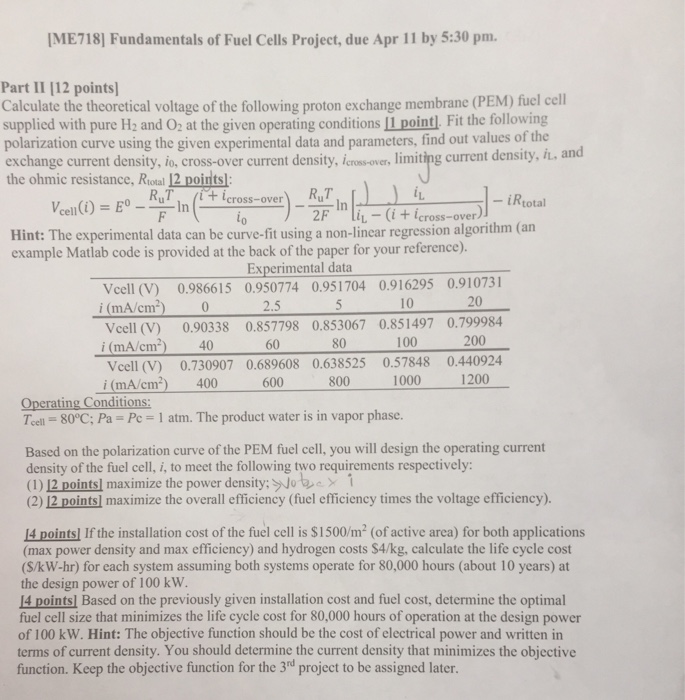 ME7181 Fundamentals of Fuel Cells Project, due Apr 11 | Chegg.com