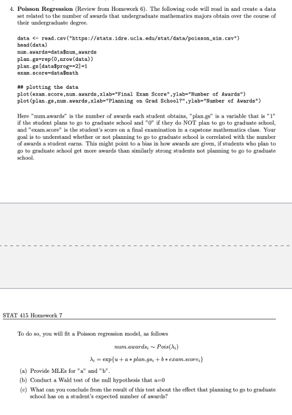 4. Poisson Regression (Review from Homework 6). The | Chegg.com