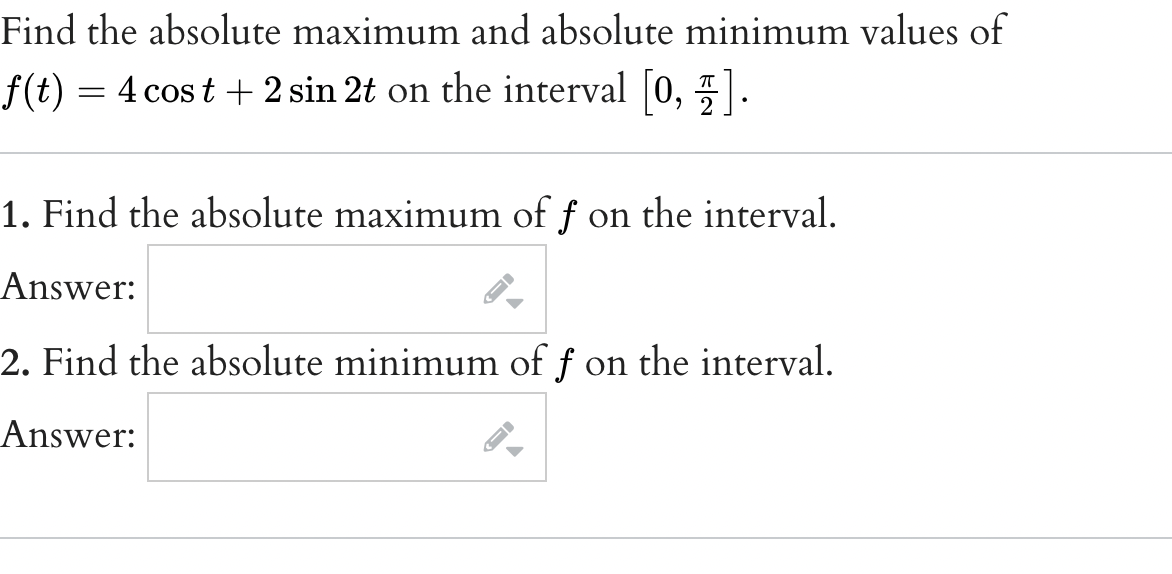 Solved Find the absolute maximum and absolute minimum values | Chegg.com