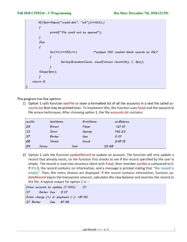 Fall 2020 CST8234-C Programming Due Date: December | Chegg.com