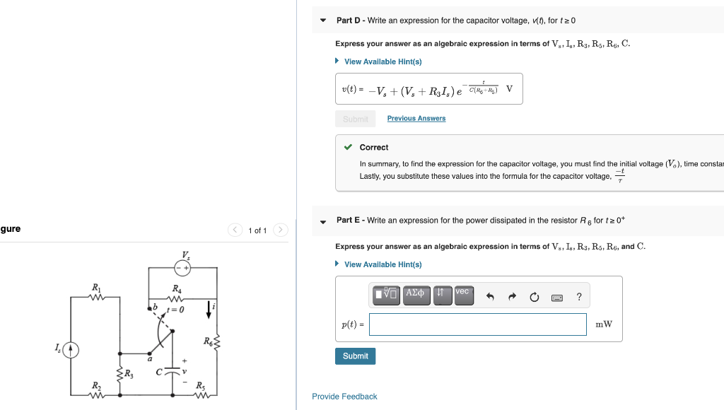 Solved Part D-Write an expression for the capacitor voltage, | Chegg.com