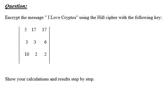 Solved Encrypt the message " I Love Cryptos" using the Hill | Chegg.com
