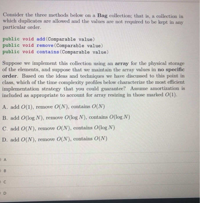 Solved Consider the three methods below on a Bag collection; | Chegg.com