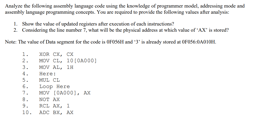 Analyze the following assembly language code using | Chegg.com