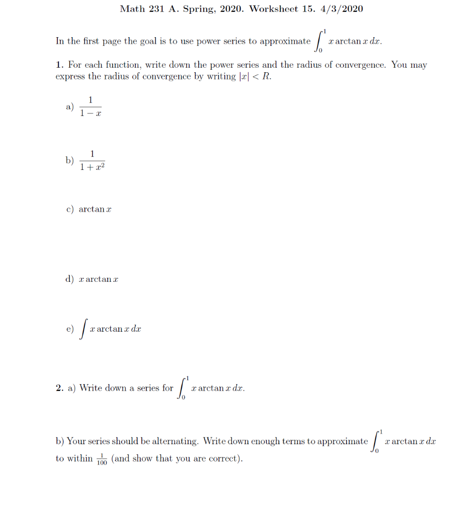 Math 231 A. Spring, 2020. Worksheet 15. 4/3/2020 In | Chegg.com