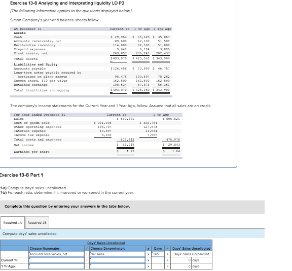 Solved Exercise 13-8 Analyzing and interpreting liquidity LO | Chegg.com