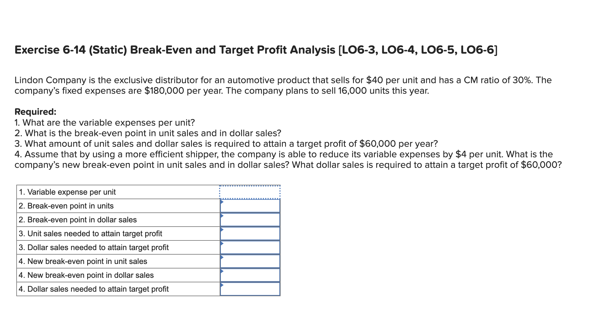 Solved Exercise 6-14 (Static) Break-Even and Target Profit | Chegg.com