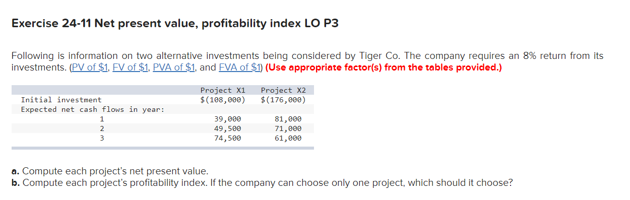 Solved Exercise 24-11 Net present value, profitability index | Chegg.com