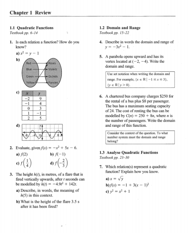 Solved Chapter 1 Review 1.1 Quadratic Functions Textbook pp. | Chegg.com