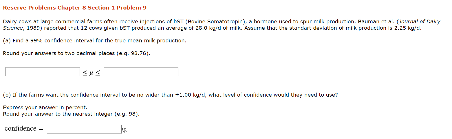 Solved Reserve Problems Chapter 8 Section 1 Problem 9 Dairy | Chegg.com