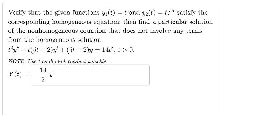 Solved Verify that the given functions y1(t)=t and | Chegg.com