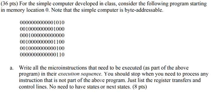 Solved (36 pts) For the simple computer developed in class, | Chegg.com