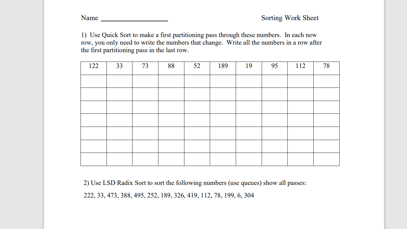 Solved Name Sorting Work Sheet 1) Use Quick Sort to make a | Chegg.com