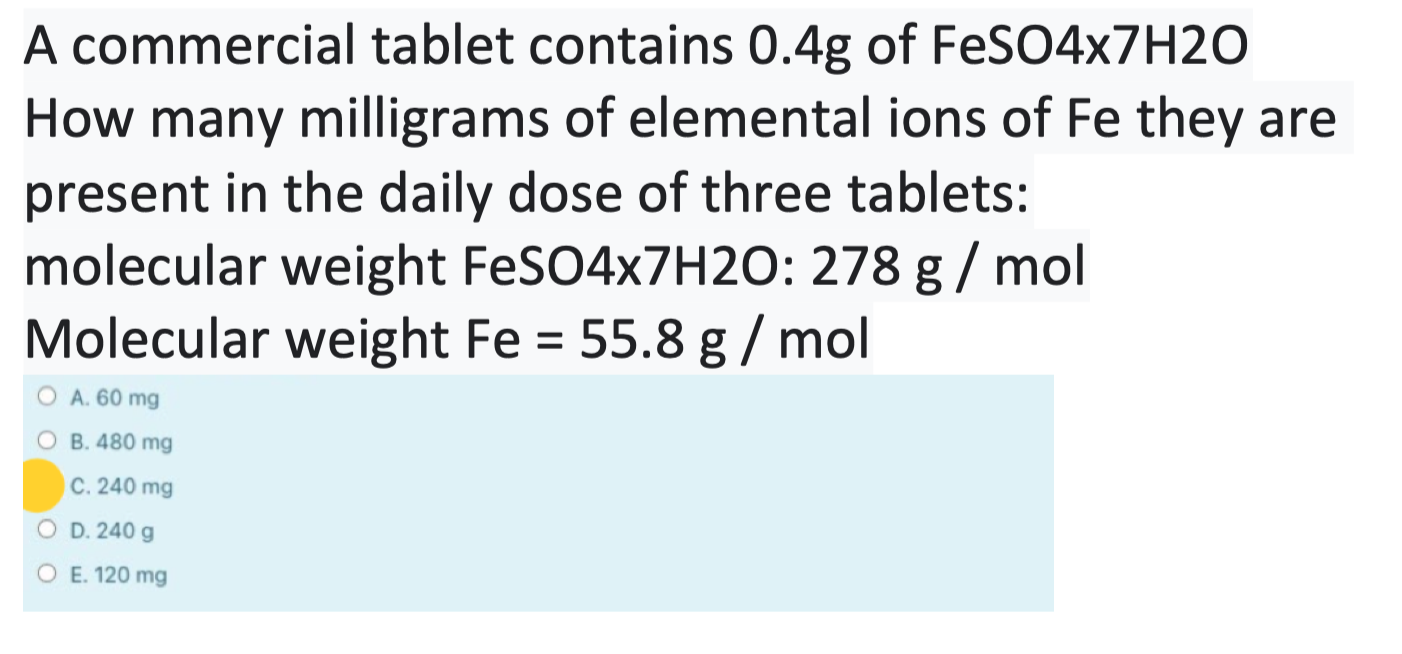Solved A commercial tablet contains 0.4g of FeSO4x7H20 How | Chegg.com