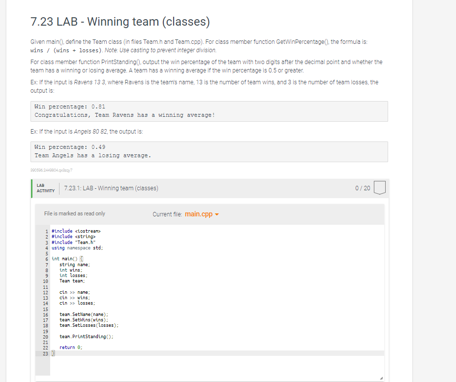 Solved 7.23 LAB - Winning team (classes) Given main(), | Chegg.com