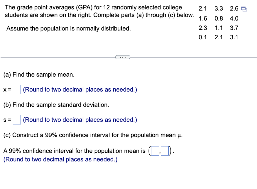 Solved The grade point averages (GPA) for 12 randomly | Chegg.com