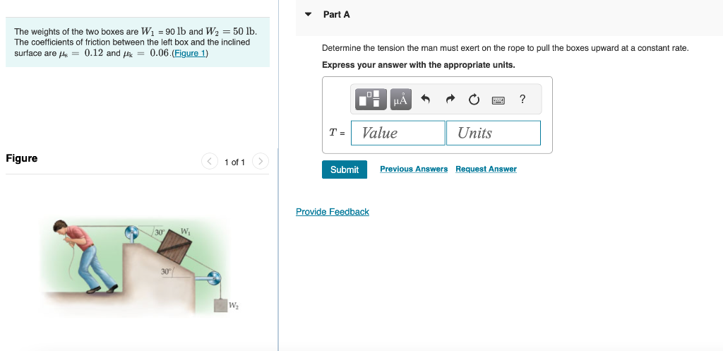 Solved The weights of the two boxes are W1=90lb and W2=50lb. | Chegg.com