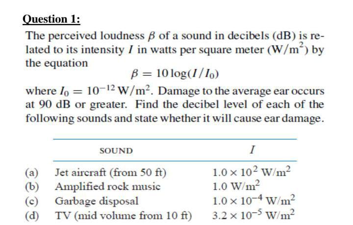 Solved Question 1: The perceived loudness β of a sound in | Chegg.com Solved Question 1: The perceived loudness β of a sound in | Chegg.com