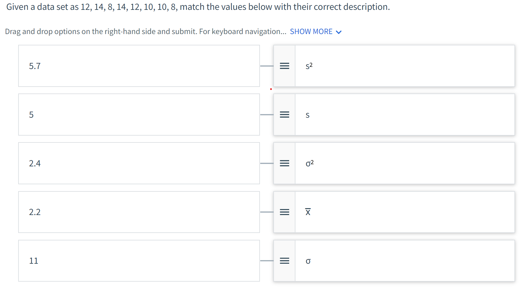 Solved Given a data set as 12,14,8,14,12,10,10,8, match the | Chegg.com