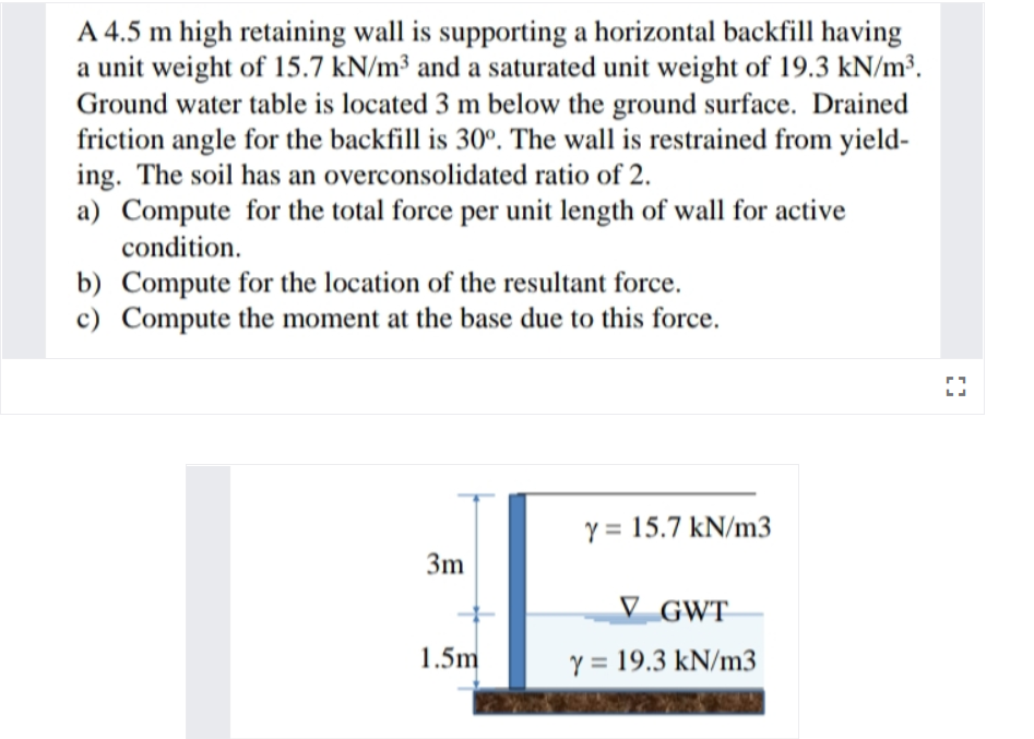 Solved A 4.5 m high retaining wall is supporting a | Chegg.com