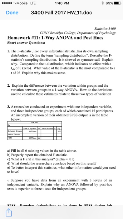 Solved The F Statistic Like Every Inferential Statistic