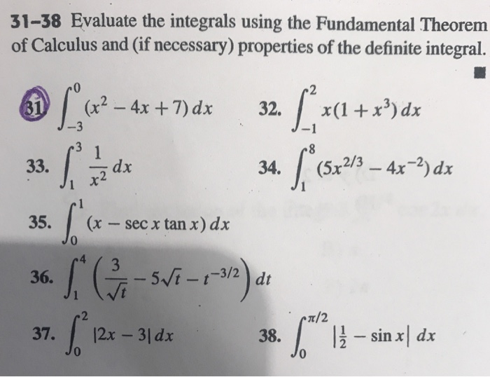 Solved 31-38 Evaluate the integrals using the Fundamental | Chegg.com