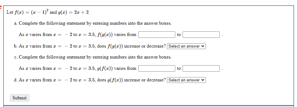 Solved Let f(x)=(x-1)2 ﻿and g(x)=2x+2.a. ﻿Complete the | Chegg.com