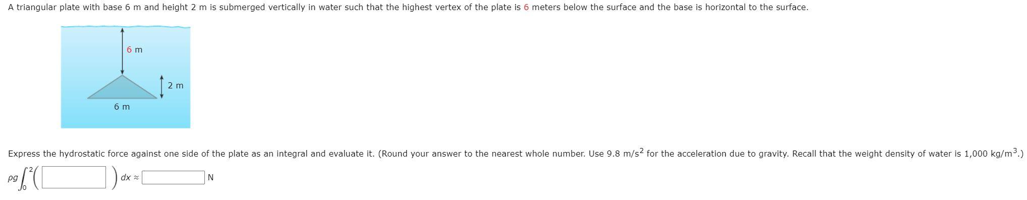Solved A triangular plate with base 6 m and height 2 m is | Chegg.com