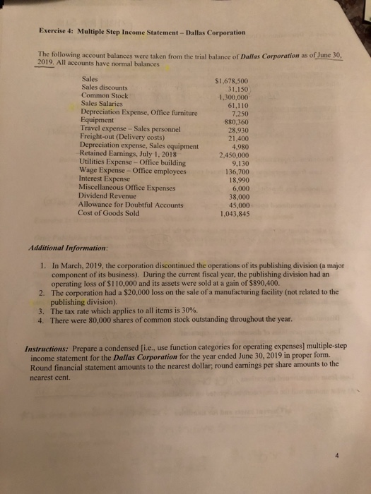 Solved Exercise 4: Multiple Step Income Statement-Dallas | Chegg.com