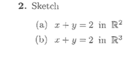 Solved 2. Sketch (a) x + y = 2 in R2 (b) x + y = 2 in R3 | Chegg.com