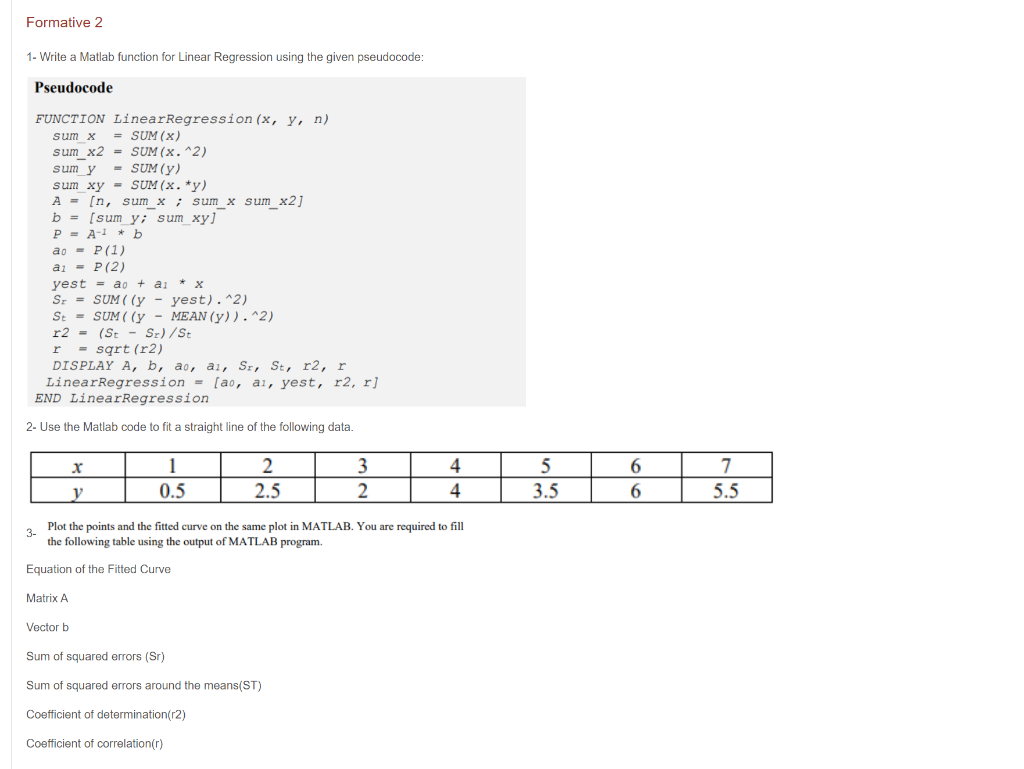 Solved Formative 2 1- Write a Matlab function for Linear | Chegg.com