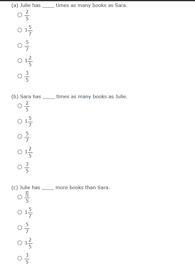 Solved Sara has two-sevenths fewer books than Julie. Fill in | Chegg.com
