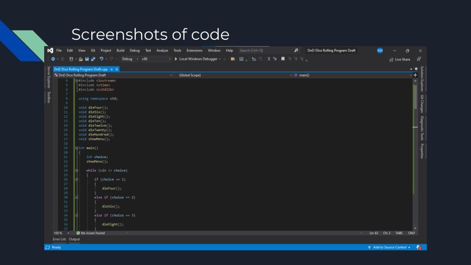 Solved Screenshots of code Ono Dice Rolling Program Delt EM | Chegg.com