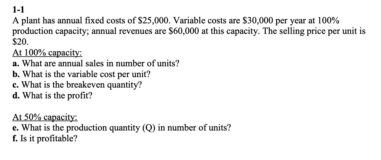 Solved A plant has annual fixed costs of $25,000. Variable | Chegg.com