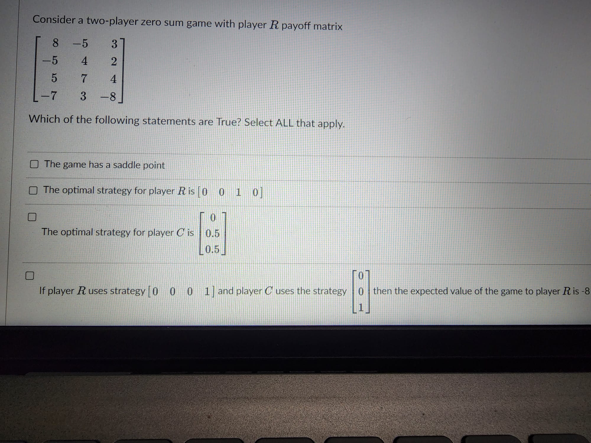 Solved Consider a two-player zero sum game with player R | Chegg.com