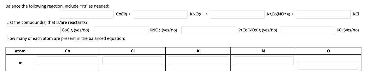 Solved KNO2 → K3CO(NO2)6 + KCI Balance the following | Chegg.com