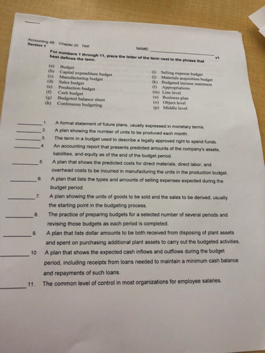 Solved Accounting 4B Chapter 20 Test Section 1 NAME For | Chegg.com