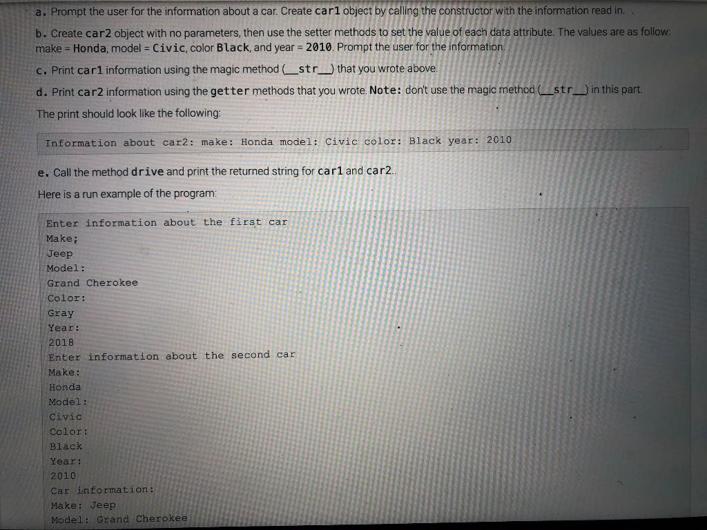 Solved Create a Car class that stores information for a car. | Chegg.com