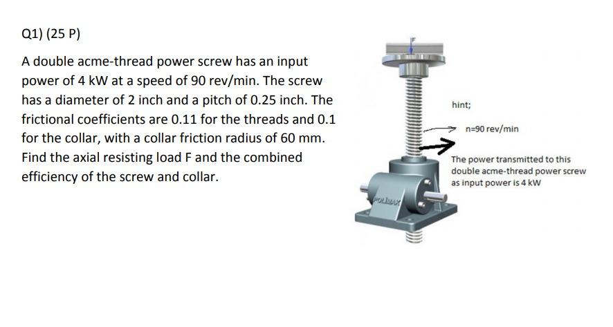 Solved Q1) (25 p) hint; A double acme-thread power screw has | Chegg.com