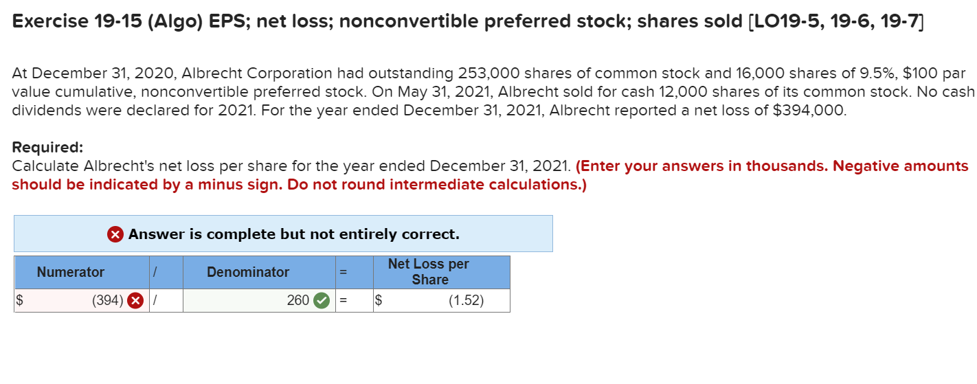 Solved Exercise 19-15 (Algo) EPS; net loss; nonconvertible | Chegg.com