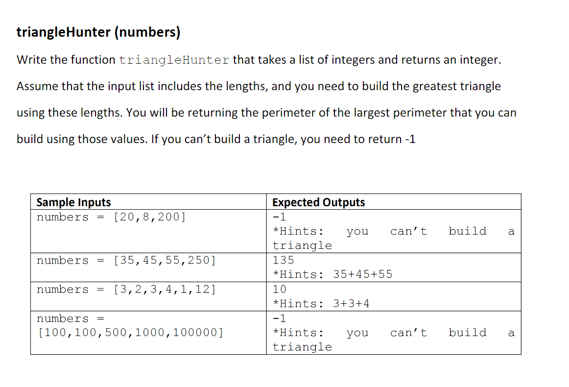 Solved triangleHunter (numbers) Write the function | Chegg.com