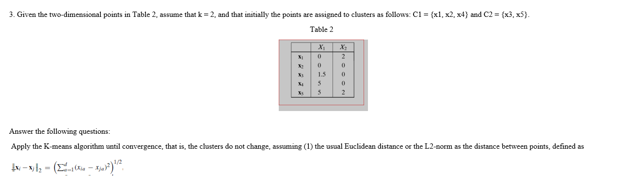 Solved 3. Given the two-dimensional points in Table 2, | Chegg.com