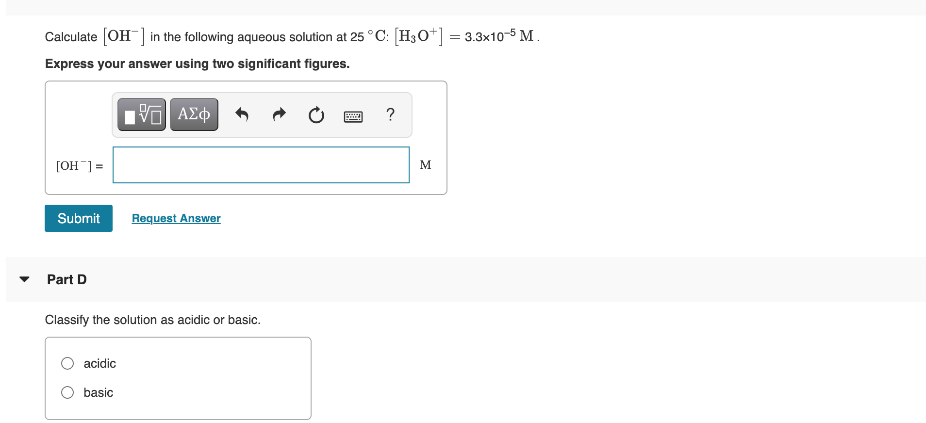 Solved Part A Calculate [OH-] in the following aqueous | Chegg.com