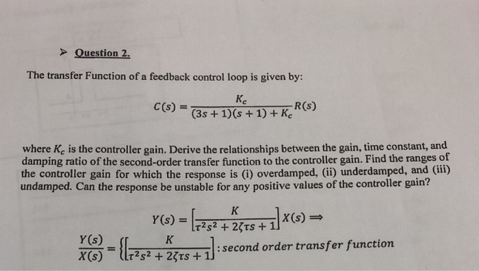 Solved Question 2. The transfer Function of a feedback | Chegg.com