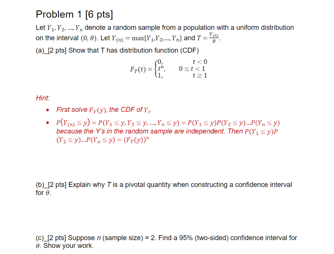 Solved Problem 1 [6 ﻿pts]Let Y1,Y2,dots,Yn ﻿denote a random | Chegg.com