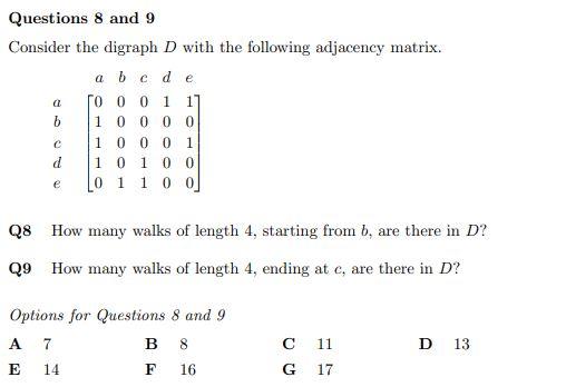 Solved Questions 8 and 9 Consider the digraph D with the | Chegg.com