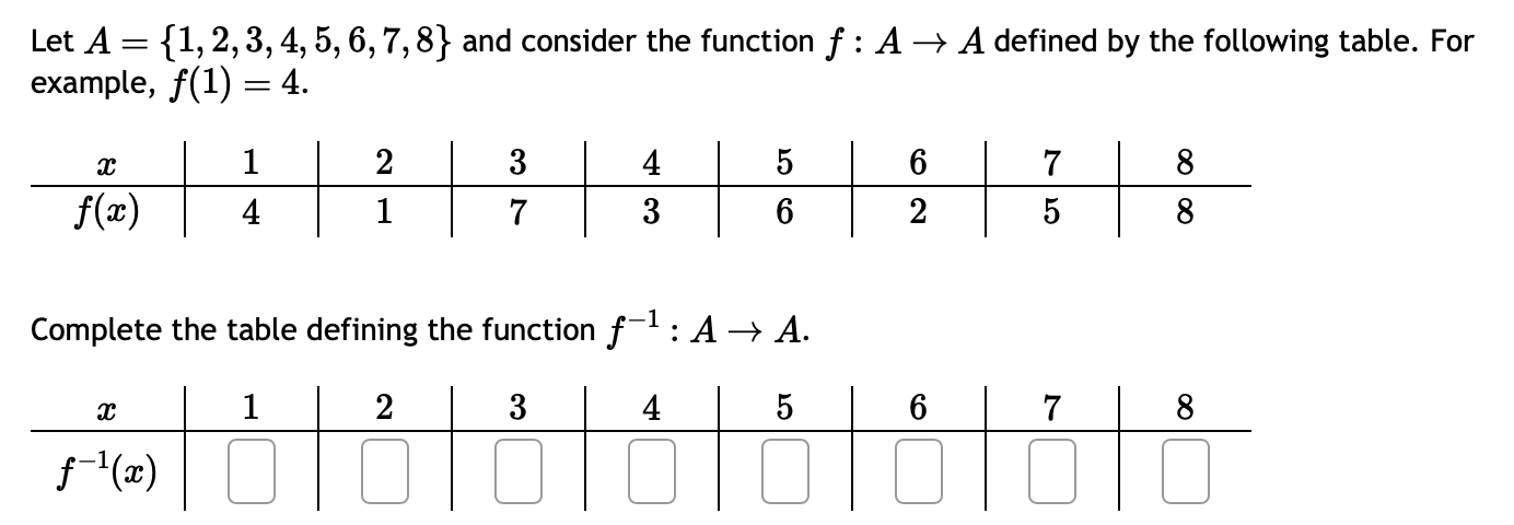 Solved Let A={1,2,3,4,5,6,7,8} and consider the function | Chegg.com
