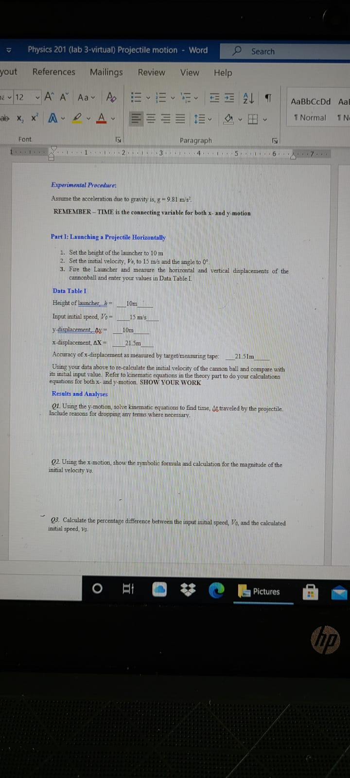 Solved Physics 201 (lab 3-virtual) Projectile motion - Word | Chegg.com