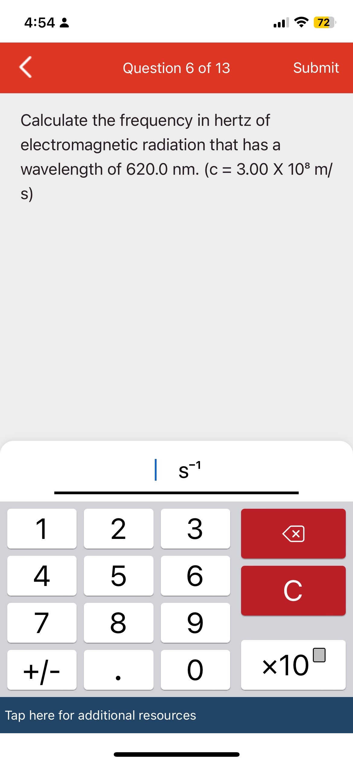 Solved c=3.00×108m?ss-1123456789+-0×10 Tap here for | Chegg.com